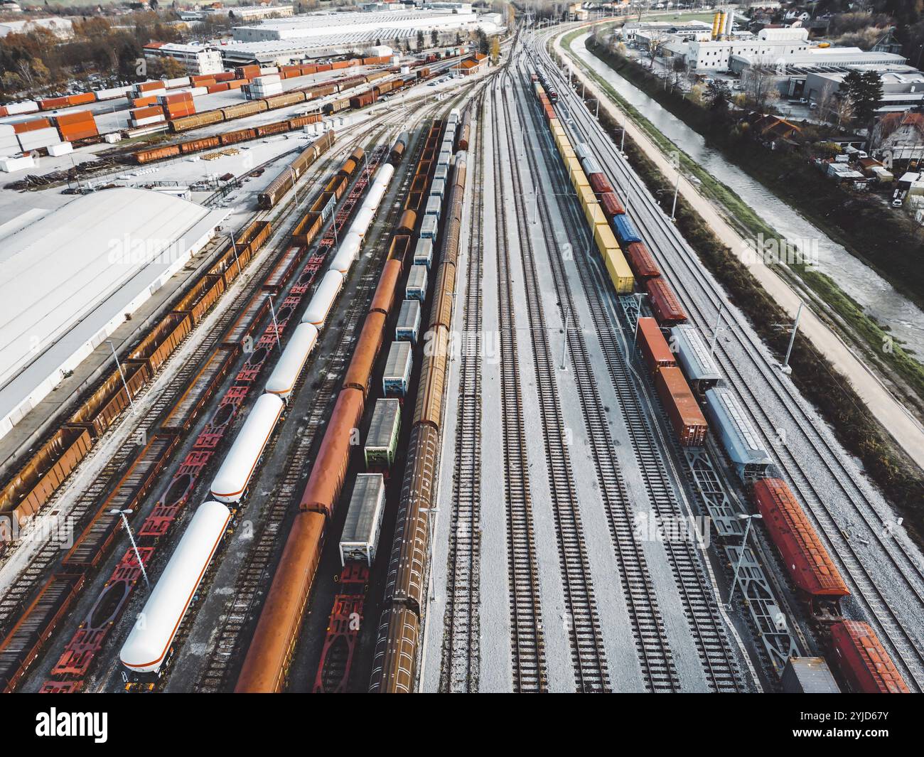 Cargo trains close-up. Aerial view of colorful freight trains on the ...