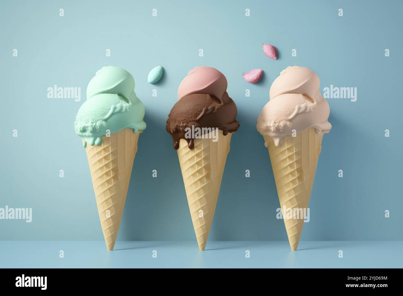 Illustration 3d render of melting summer ice cream in a cone on a ...