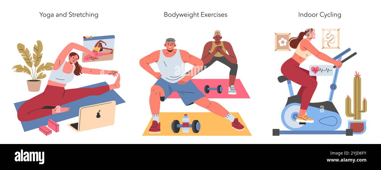 Home Fitness set. People engaging in yoga, bodyweight workouts, and indoor cycling. Exercise ...