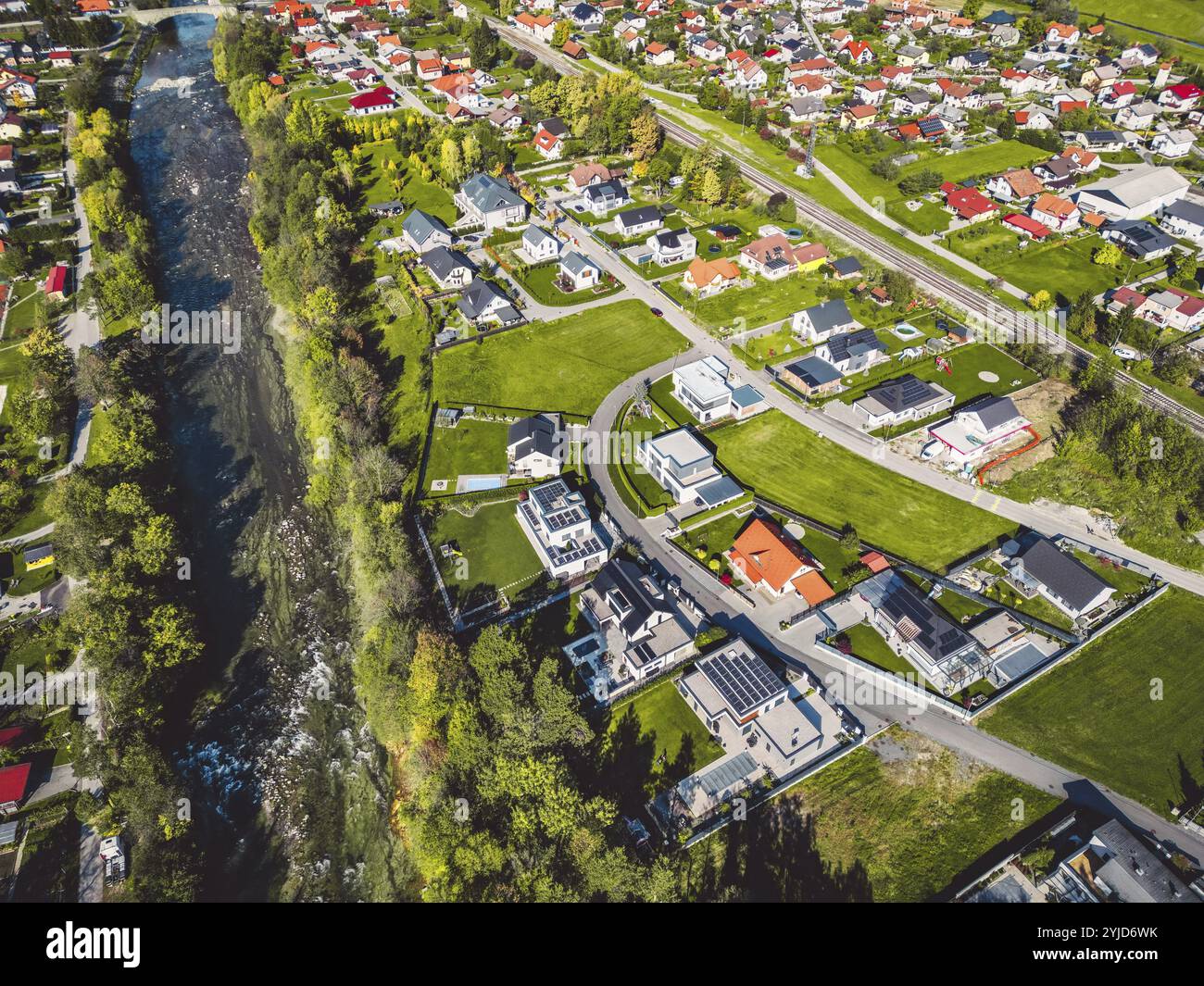 Aerial view, drone flying over suburban community in the country side ...