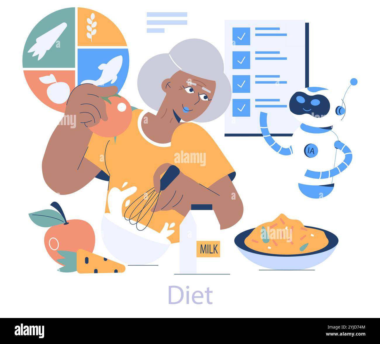 Longevity Clinic concept. Senior woman follows a healthy diet with AI ...