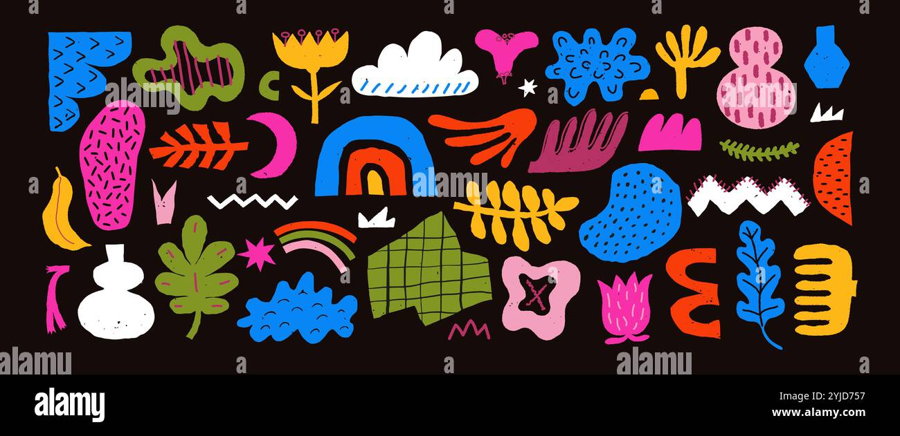Abstract Set Of Various Shapes Figures And Freeform Blobs Hand Drawn