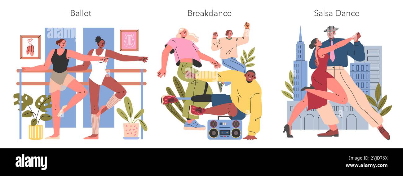 Dance Hobby set. Illustrations of ballet, breakdance, and salsa showing ...