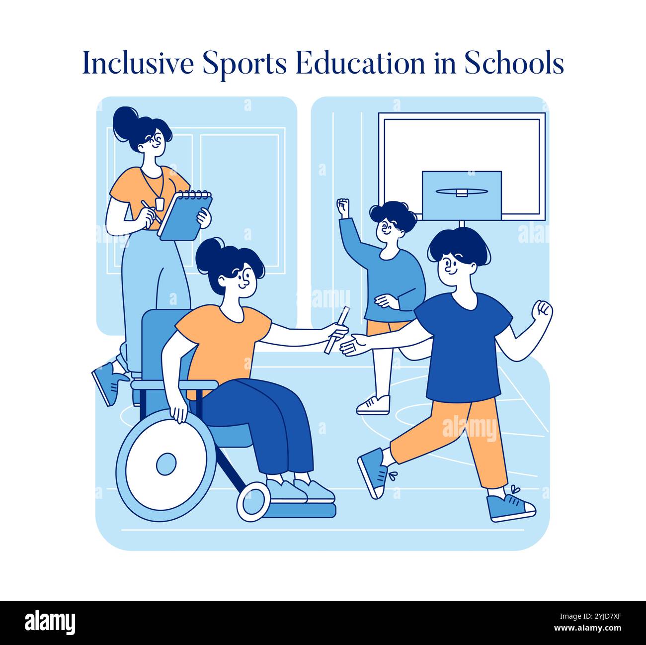 Inclusive sports education concept. Students with disabilities participate in school athletics ...