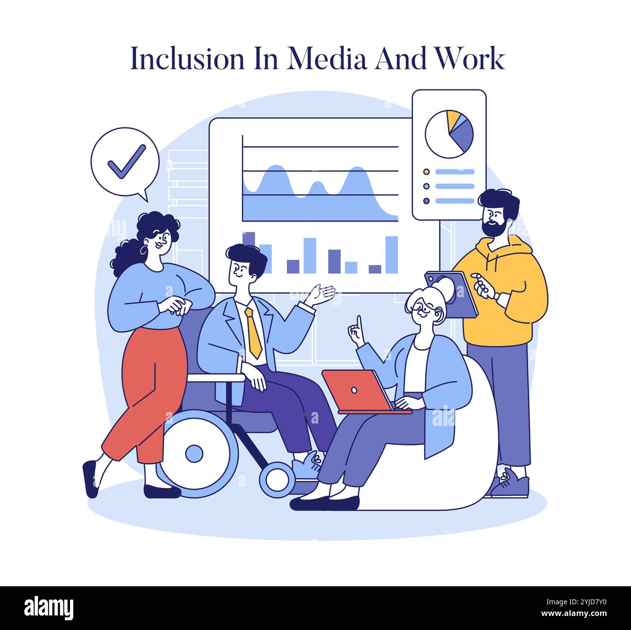Inclusion in Media and Work concept. Diverse professionals engaging in ...