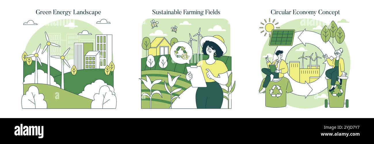 Ecosystem Conservation set. Renewable energy, green farming, and ...