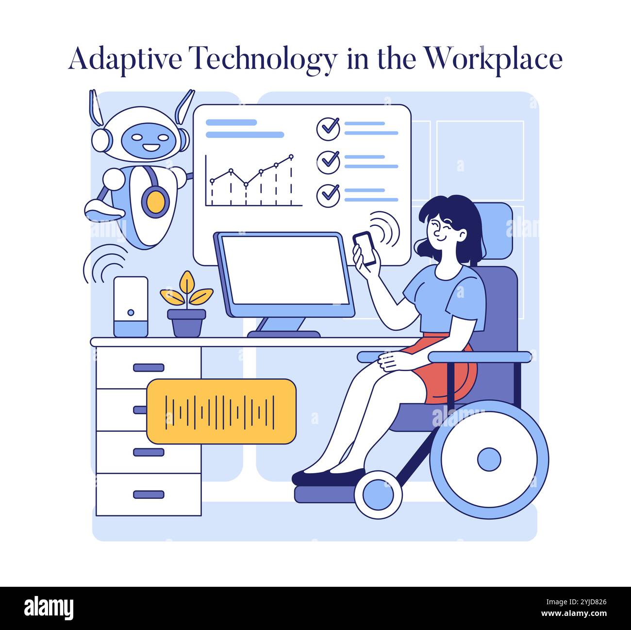 Adaptive Technology concept. Inclusive workplace featuring a person using assistive devices and ...