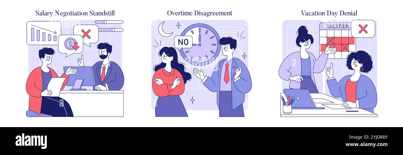 Workplace Dispute set. Employees face challenges with salary, overtime ...