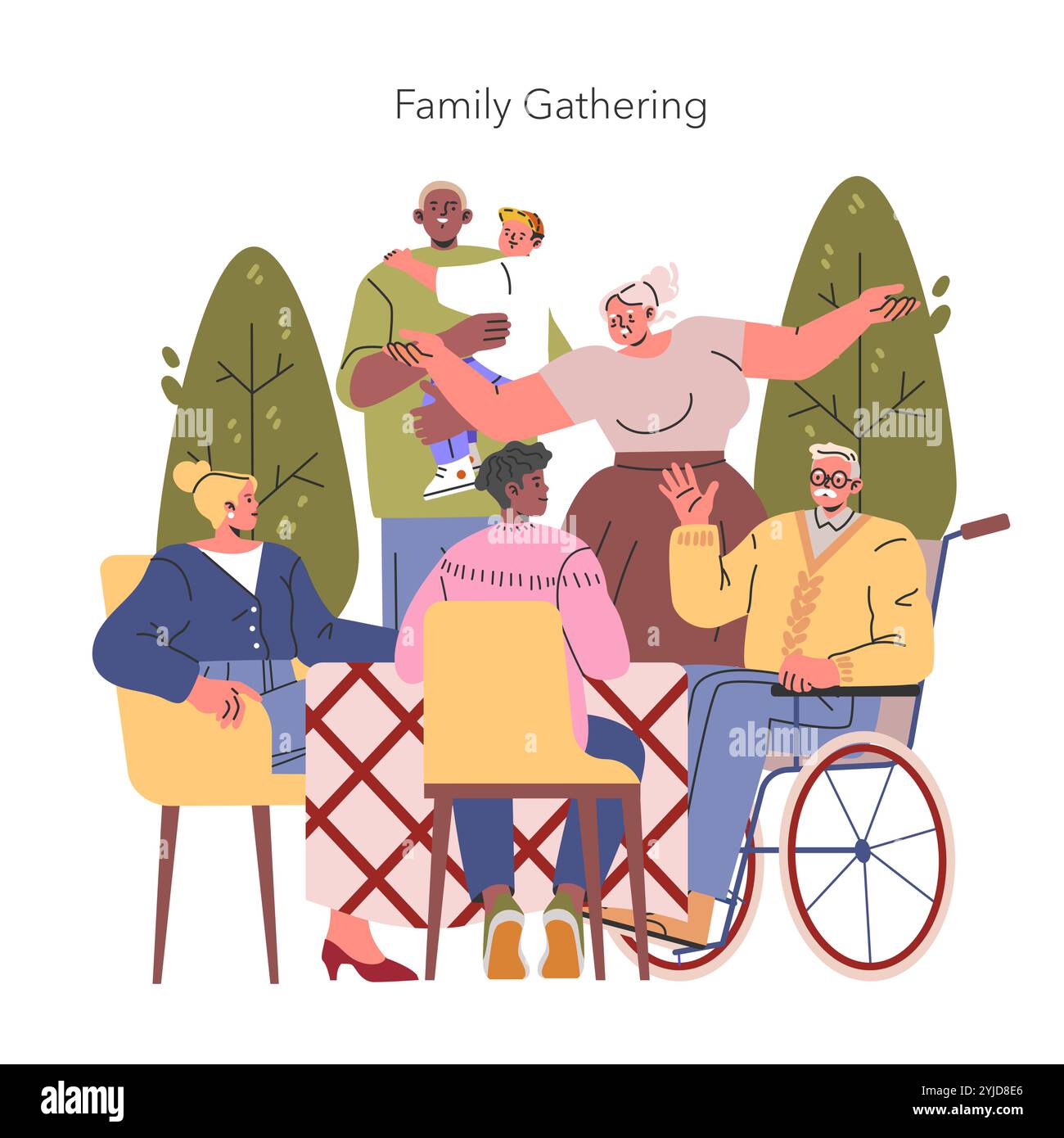 Family reunion vector illustration. Joyful multi-generational family get-together outdoors. Warm ...