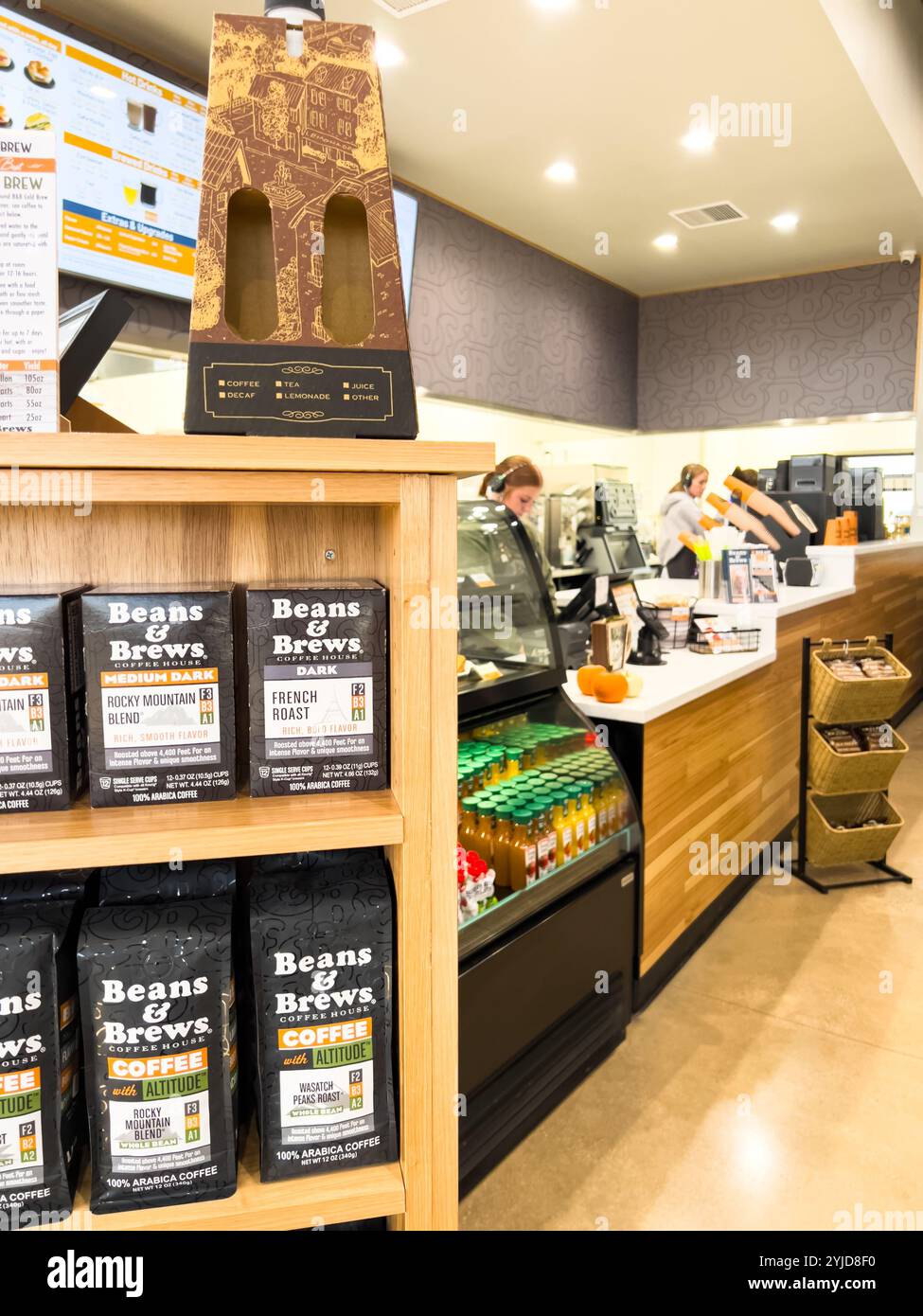 Coffee Shop Interior with Beans and Brews Products Display Stock Photo ...
