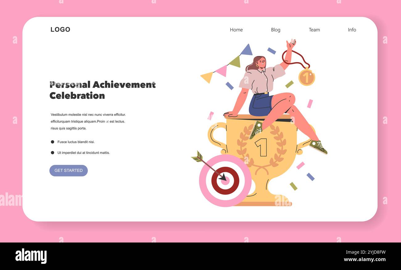 Personal Achievement Celebration concept. Woman triumphantly poses on a ...