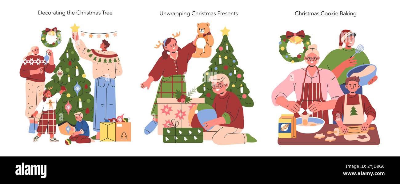 Christmas Family Activities set. Family members engaging in holiday ...