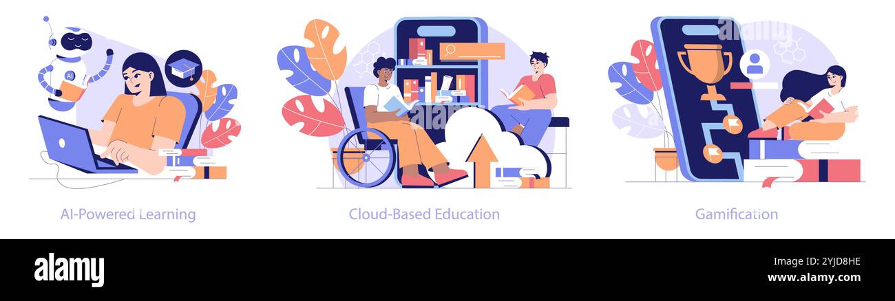 Edtech set. Modern education technology with AI learning, cloud storage ... Edtech set. Modern education technology with AI learning, cloud storage ...