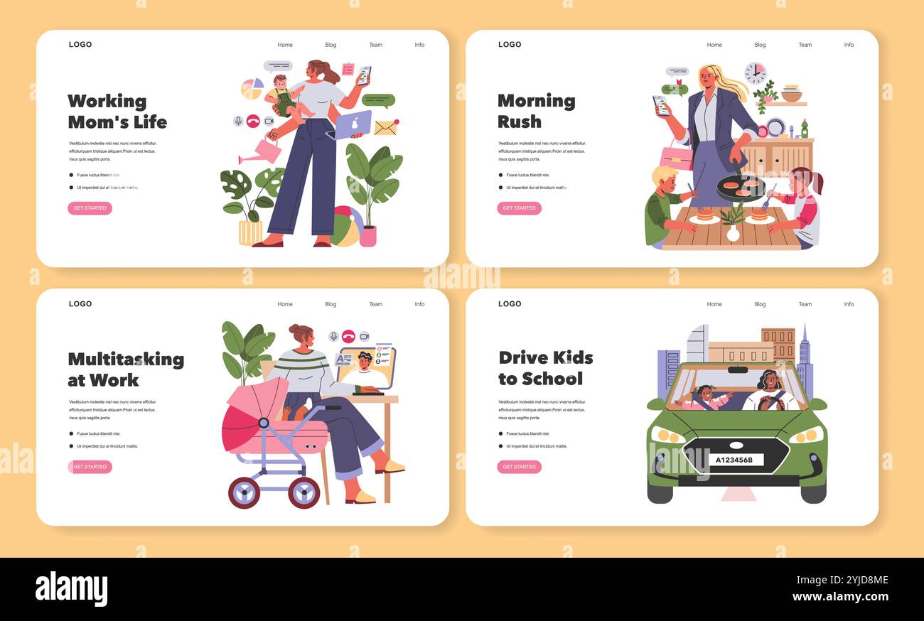 Working Mom Life set. Balancing work, home duties, and childcare ...