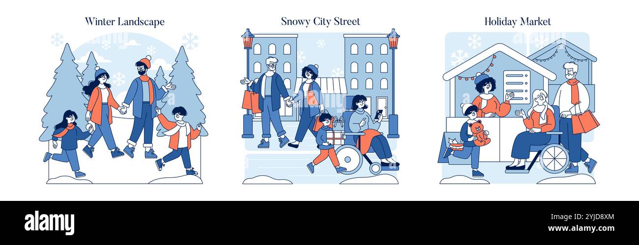 Winter Activities set. Family enjoying a walk, shopping in a snowy city ...