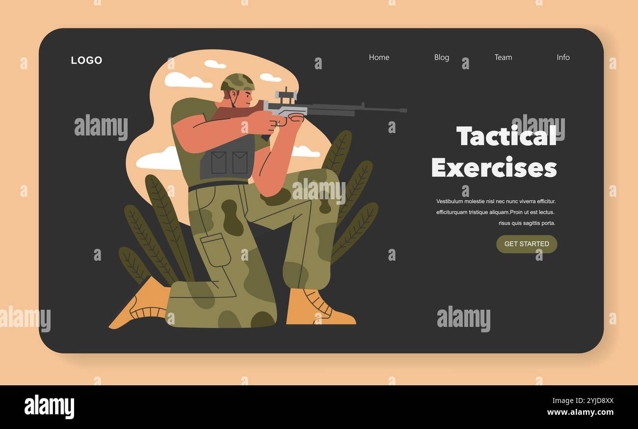 Military Training concept. Soldier in combat gear aiming rifle amidst ...