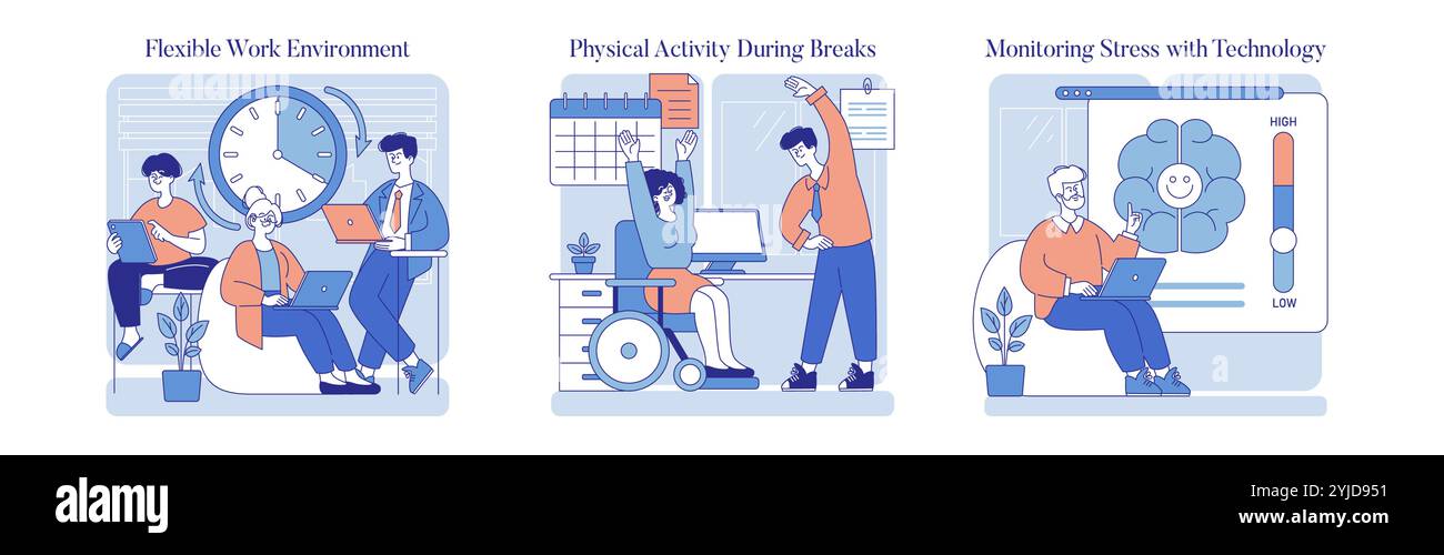 Work burnout prevention set. Illustrates a flexible work environment ...