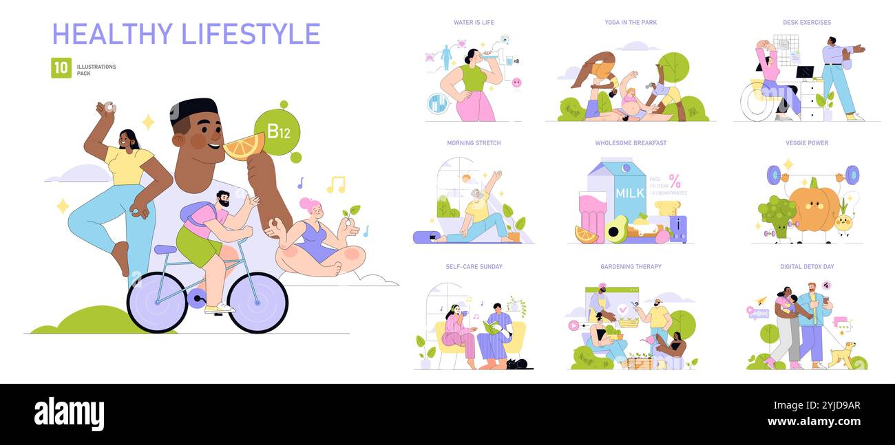 Healthy Lifestyle set. Everyday activities for wellbeing, from ...