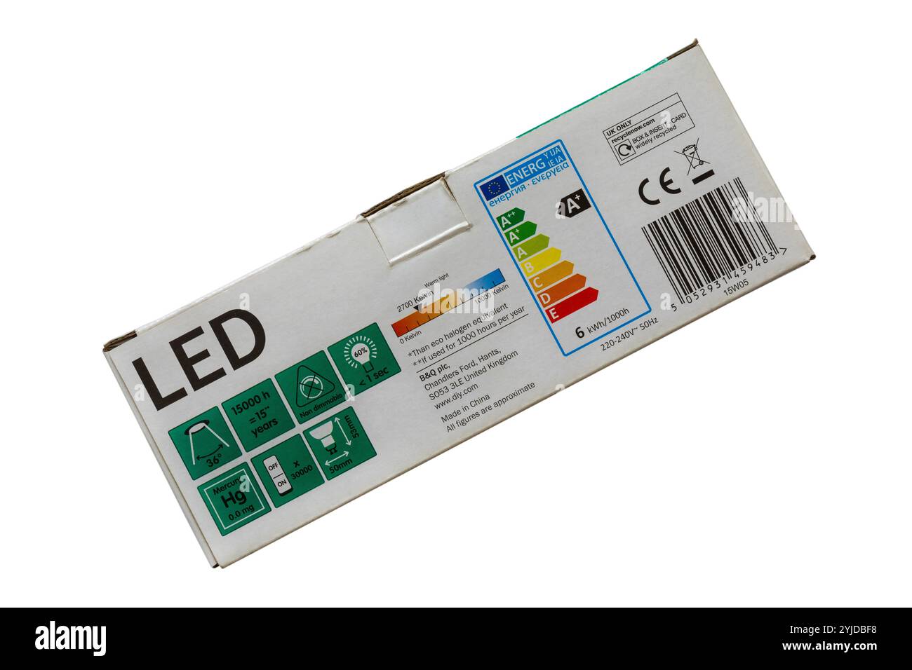 Information on box of Diall GU10 LED bulb packaging isolated on white ...