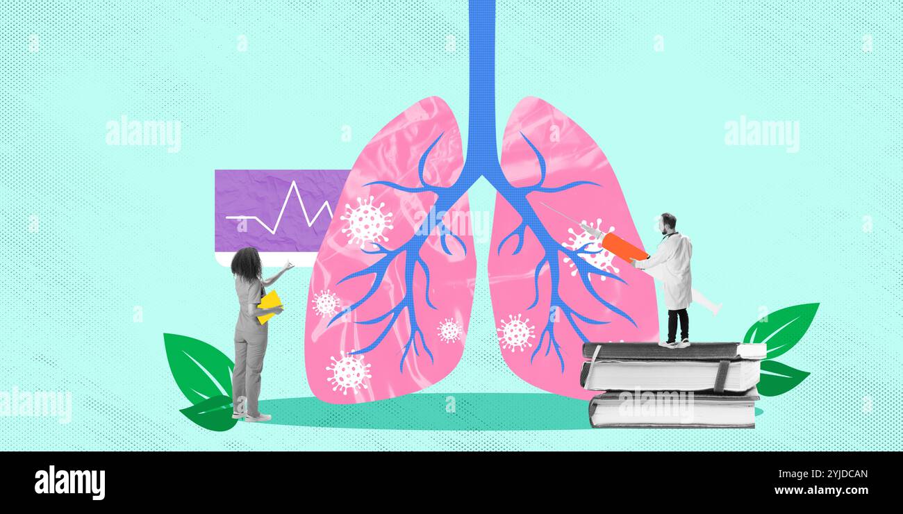 Contemporary art collage. Scientists treating lungs affected by germs ...