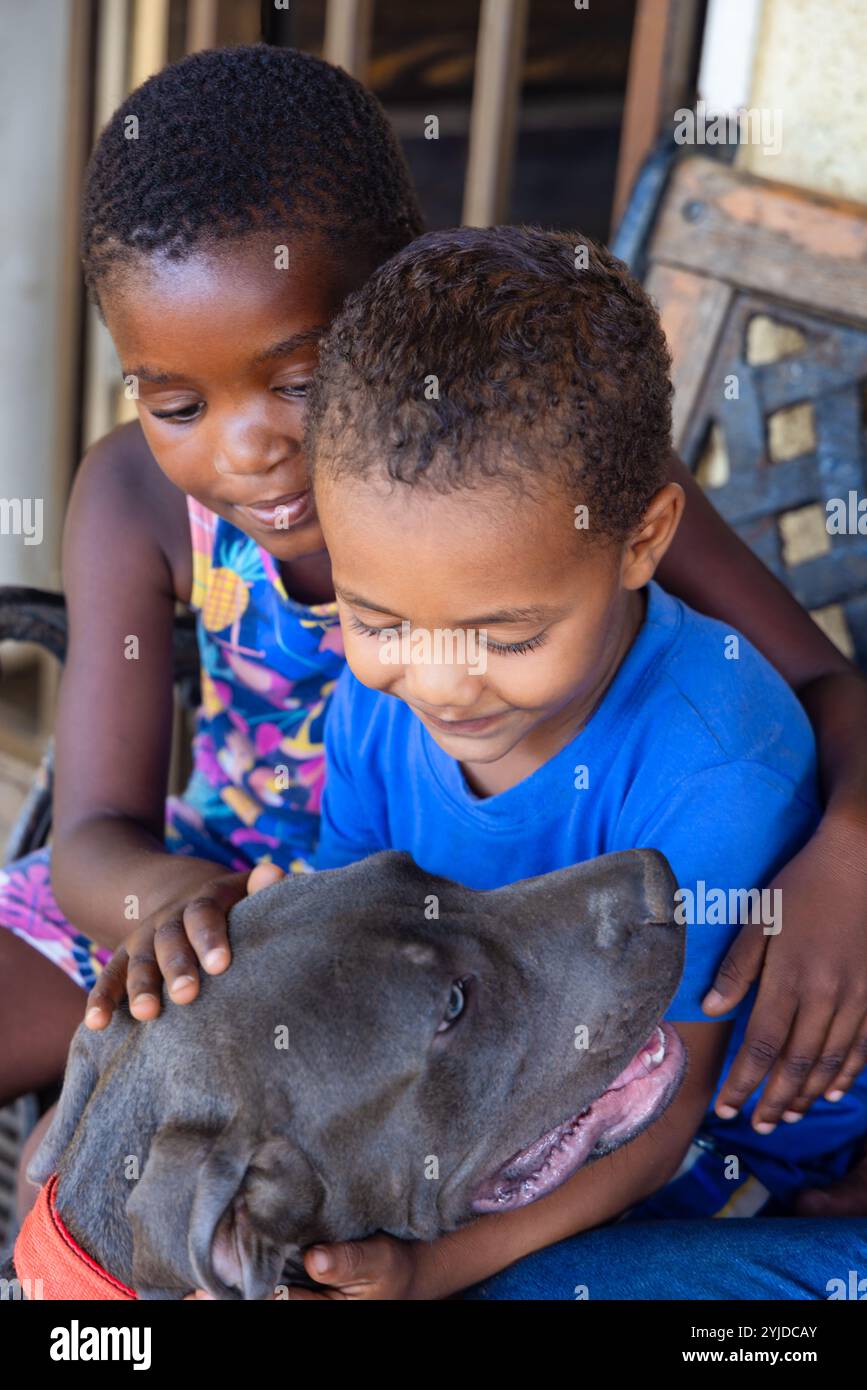 African village , kids playing with a black boerboel dog in the yard ...