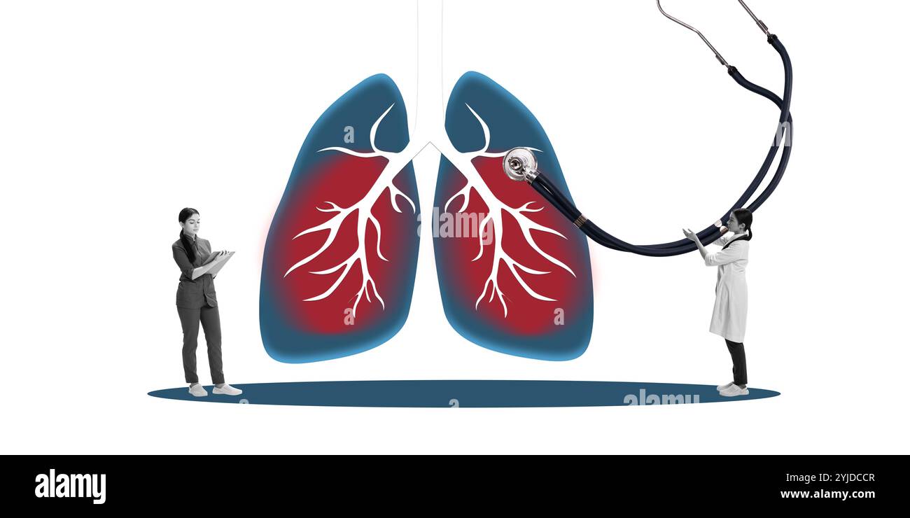 Contemporary art collage. Two doctors examine blue and red lungs with ...