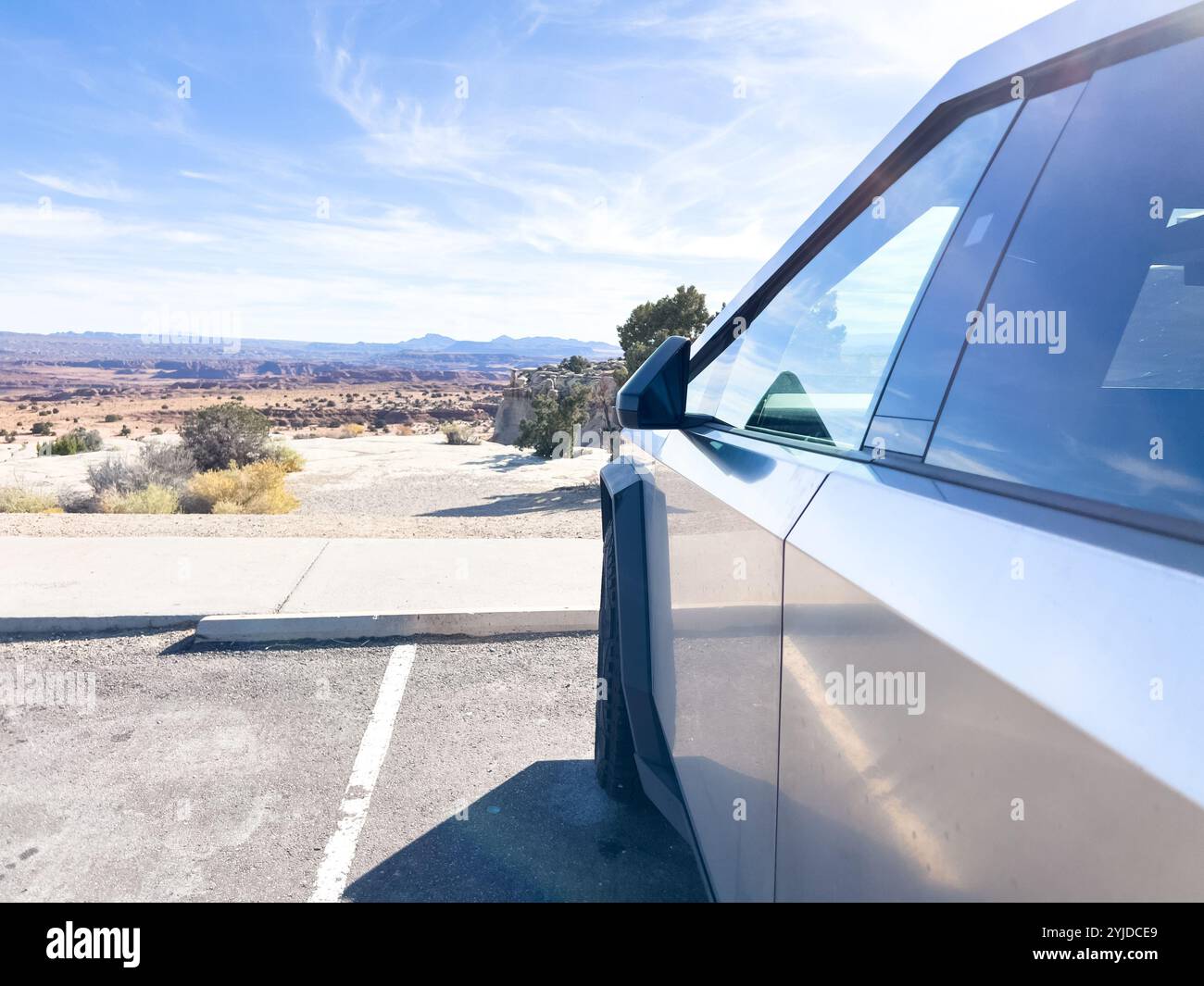 Tesla Cybertruck at San Bench View Area with Desert Backdrop Stock ...