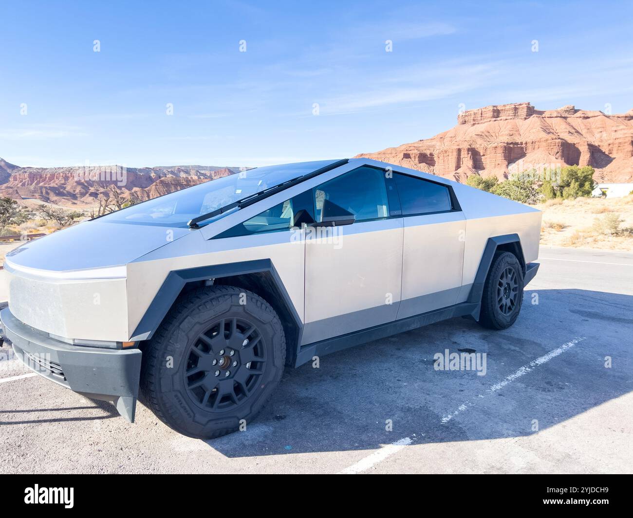 Tesla Cybertruck at San Bench View Area with Desert Backdrop Stock ...