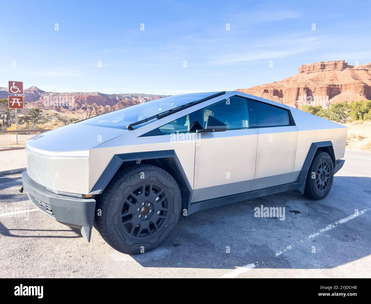 Tesla Cybertruck at San Bench View Area with Desert Backdrop Stock ...