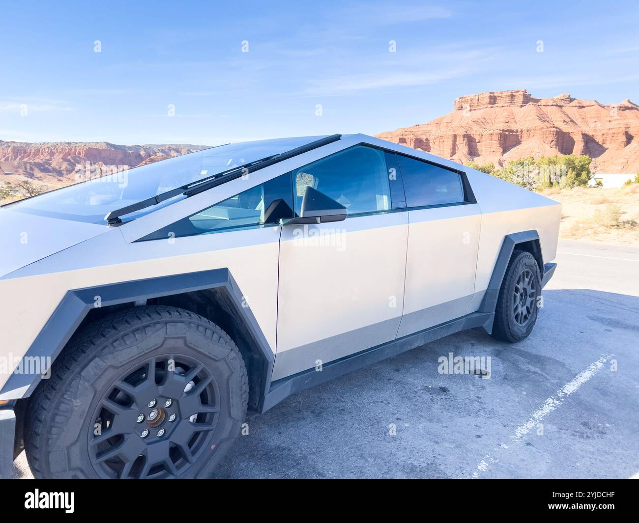 Tesla Cybertruck at San Bench View Area with Desert Backdrop Stock ...