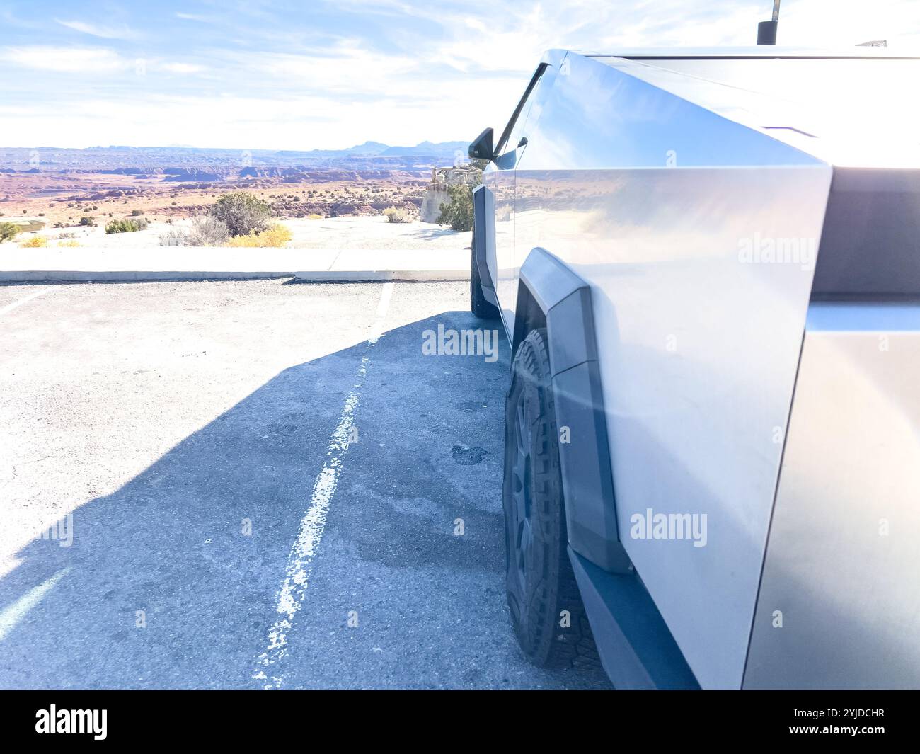 Tesla Cybertruck at San Bench View Area with Desert Backdrop Stock ...