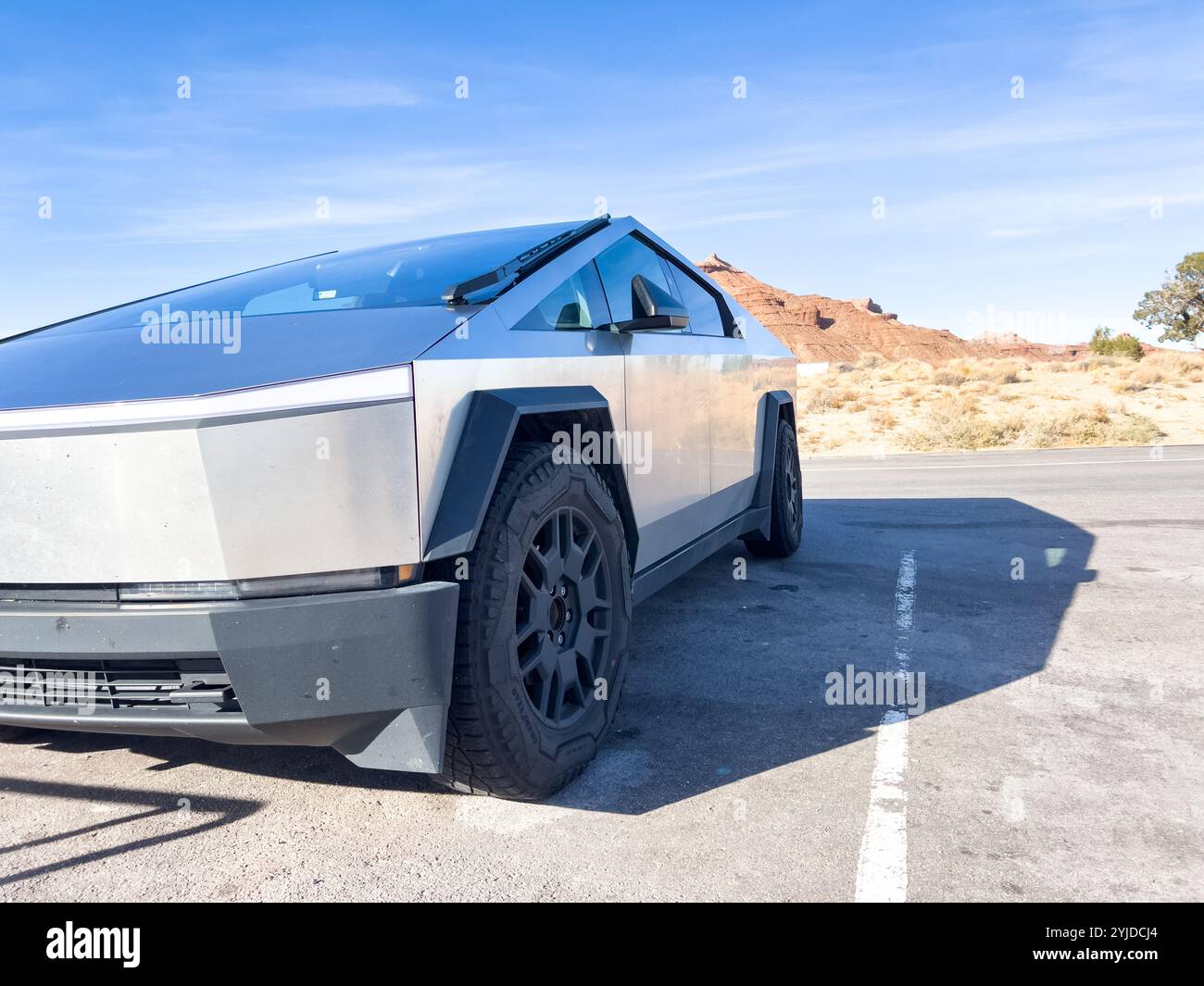 Tesla Cybertruck at San Bench View Area with Desert Backdrop Stock ...