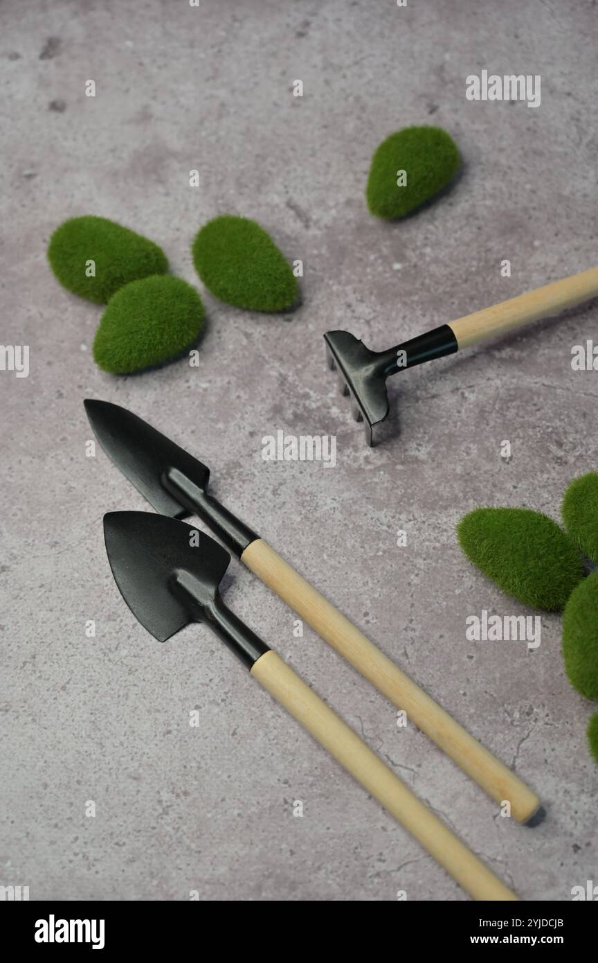 Top view small garden tools for planting, stones with moss on concrete ...