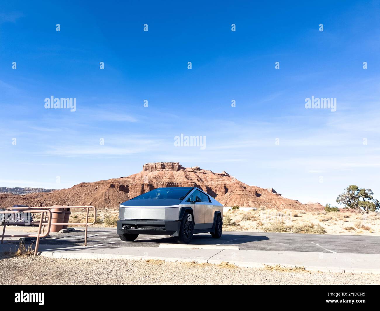 Tesla Cybertruck at San Bench View Area with Desert Backdrop Stock ...
