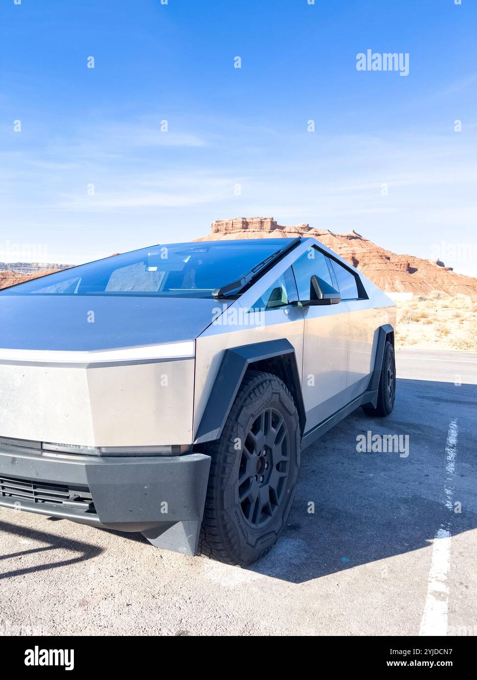 Tesla Cybertruck at San Bench View Area with Desert Backdrop Stock ...