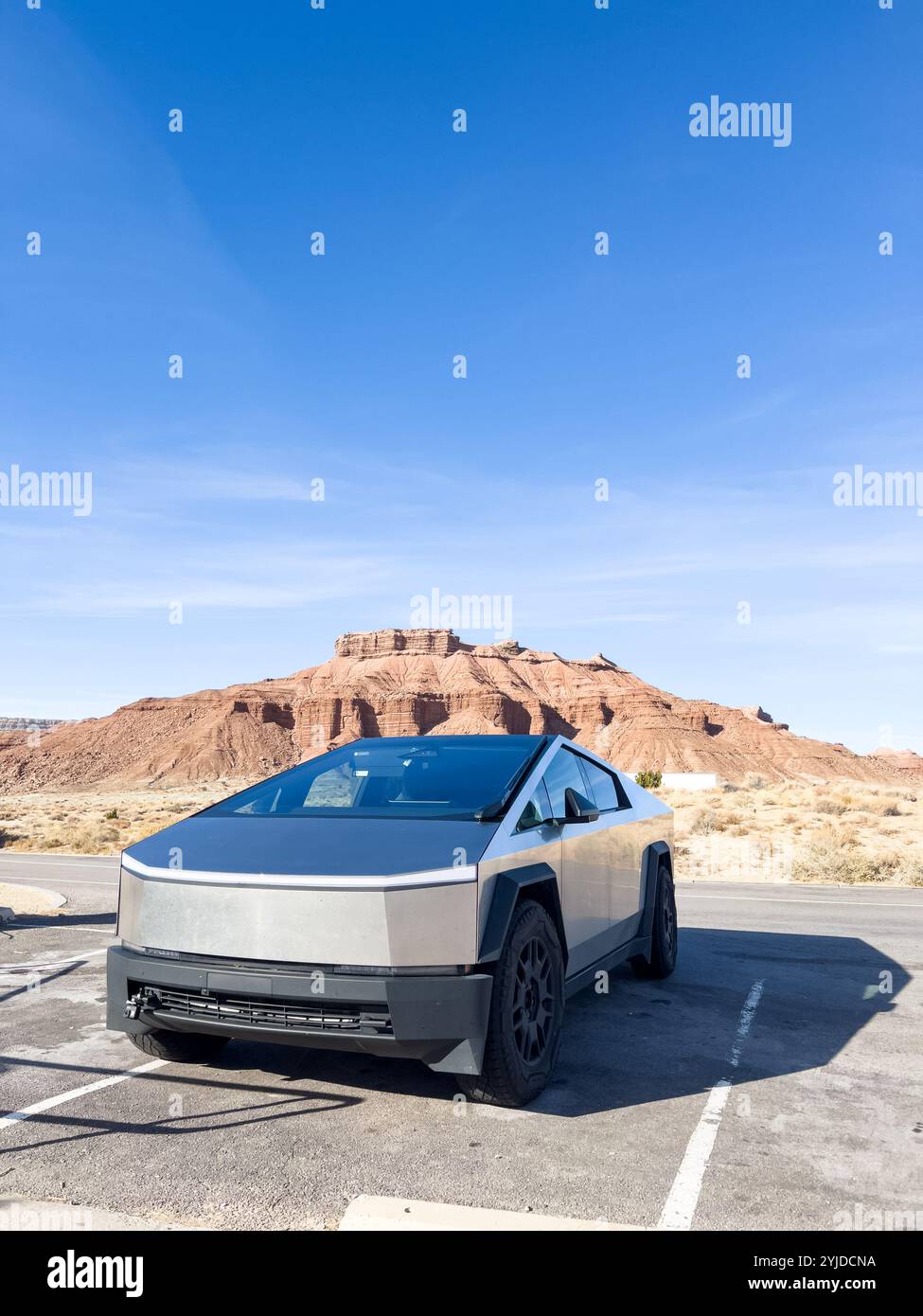 Tesla Cybertruck at San Bench View Area with Desert Backdrop Stock ...
