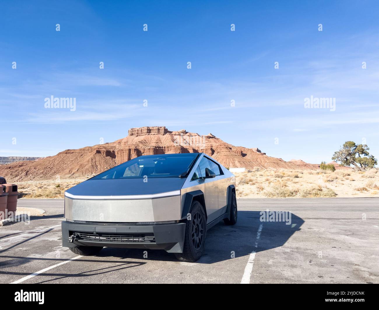 Tesla Cybertruck at San Bench View Area with Desert Backdrop Stock ...