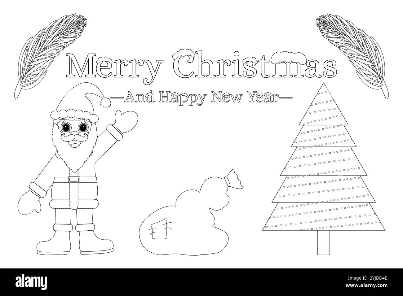 Fun Christmas-themed coloring page featuring Santa, a Christmas tree ...