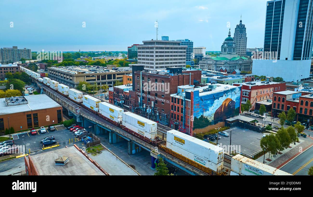 Aerial of Fort Wayne Freight Train and Historic Architecture Skyline ...
