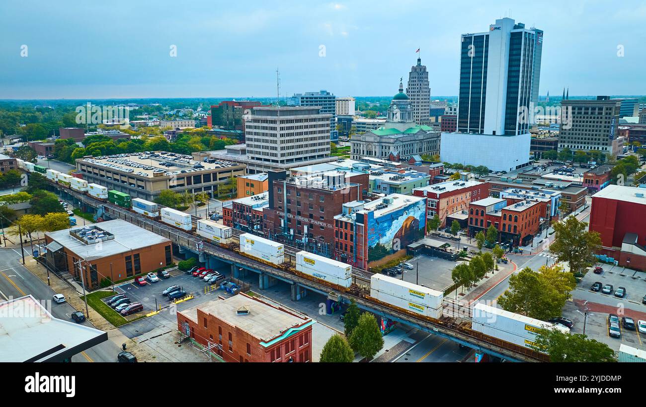 Aerial of Fort Wayne Cityscape with Freight Train and Mural Stock Photo ...