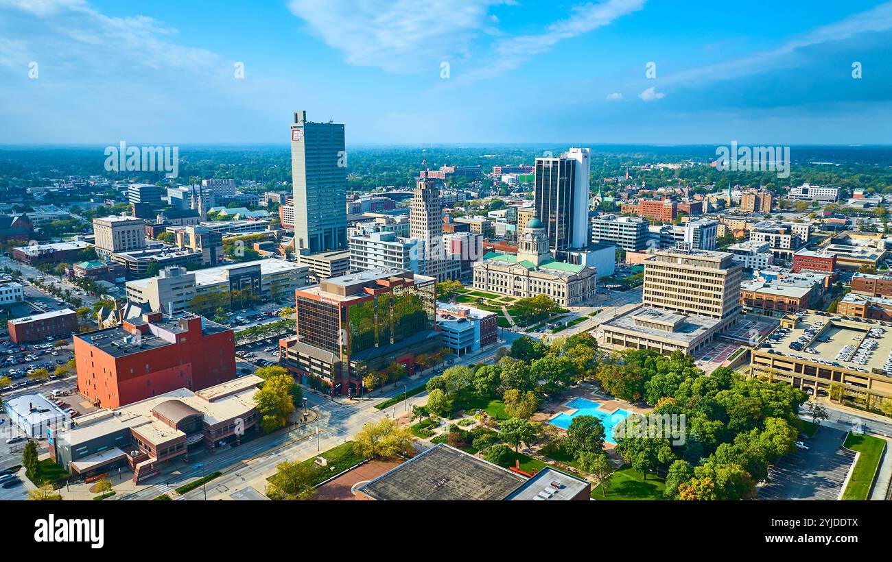 Aerial of Fort Wayne Skyline and Courthouse with Park Below Stock Photo ...