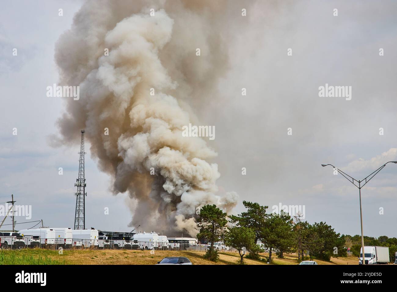 Massive Smoke Plume from Scrap Metal Fire Ohio Eye-Level View Stock ...