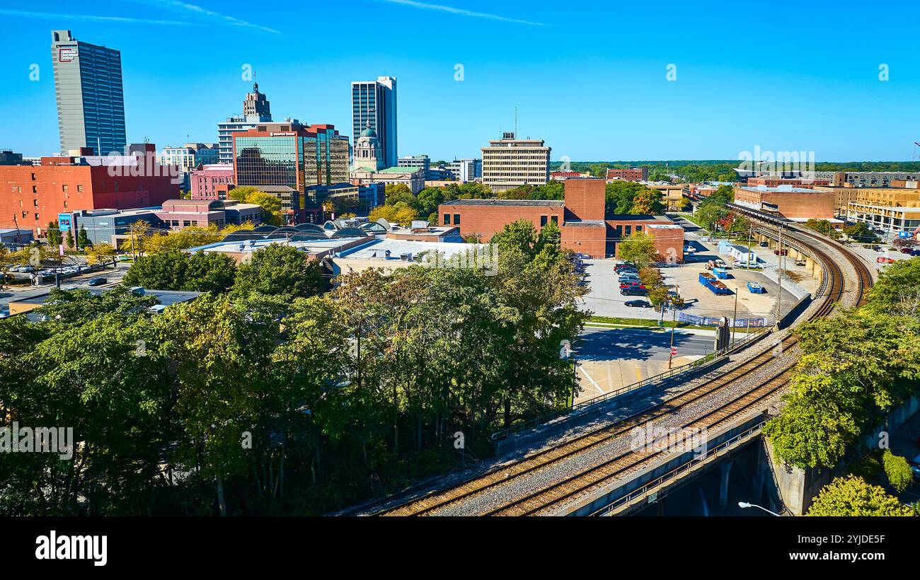 Aerial Fort Wayne Cityscape with Modern Skyline and Railway Motion ...