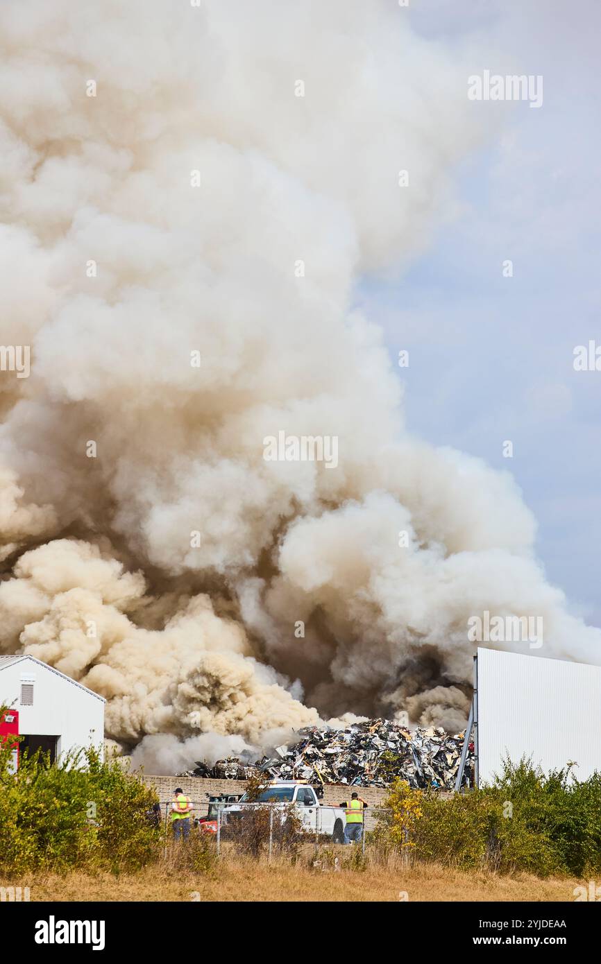Scrap Yard Fire and Smoke Plume with Workers in Motion, Eye Level ...