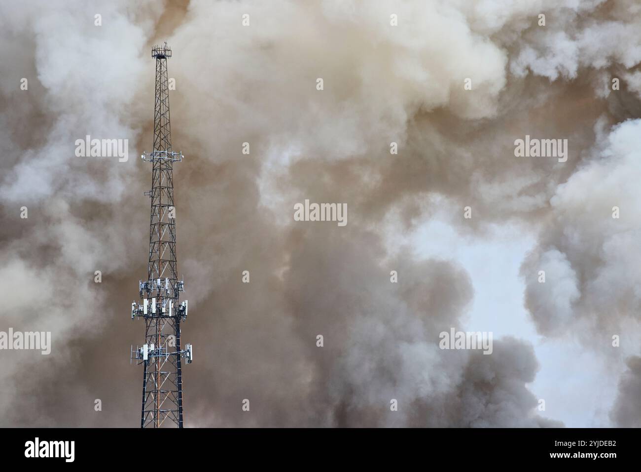 Communication Tower Amidst Smoke Plumes Eye-Level Perspective Stock ...