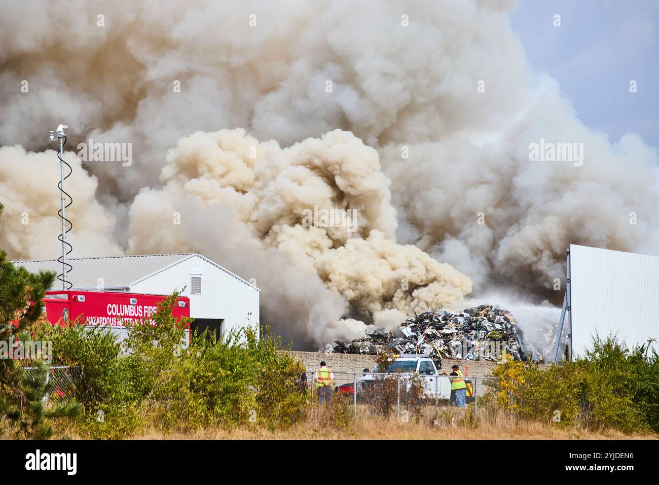 Industrial Fire Emergency at Columbus Scrap Yard Eye-Level Perspective ...