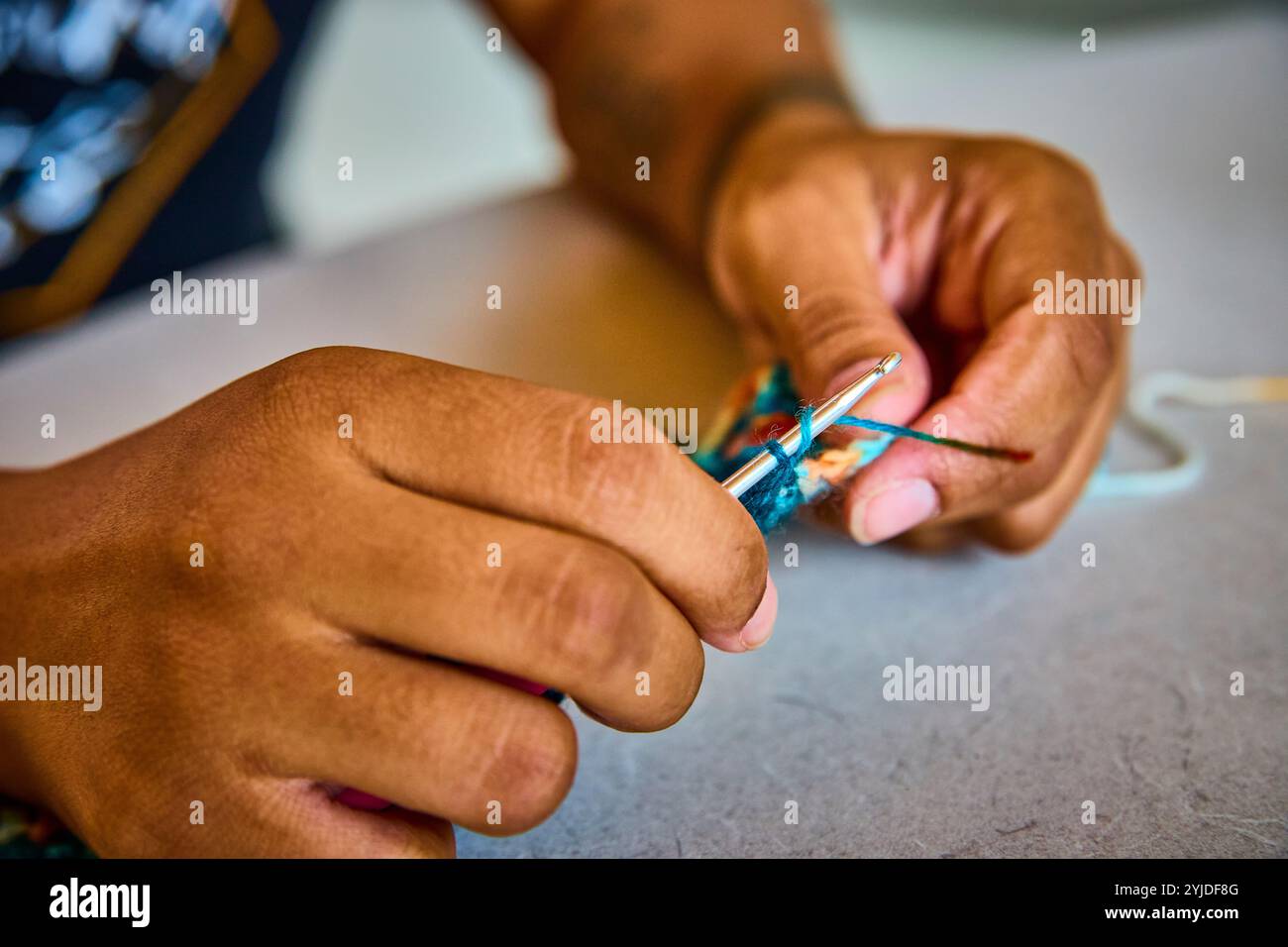 Hands Crafting Crochet Pattern with Colorful Yarn Close Up Stock Photo ...