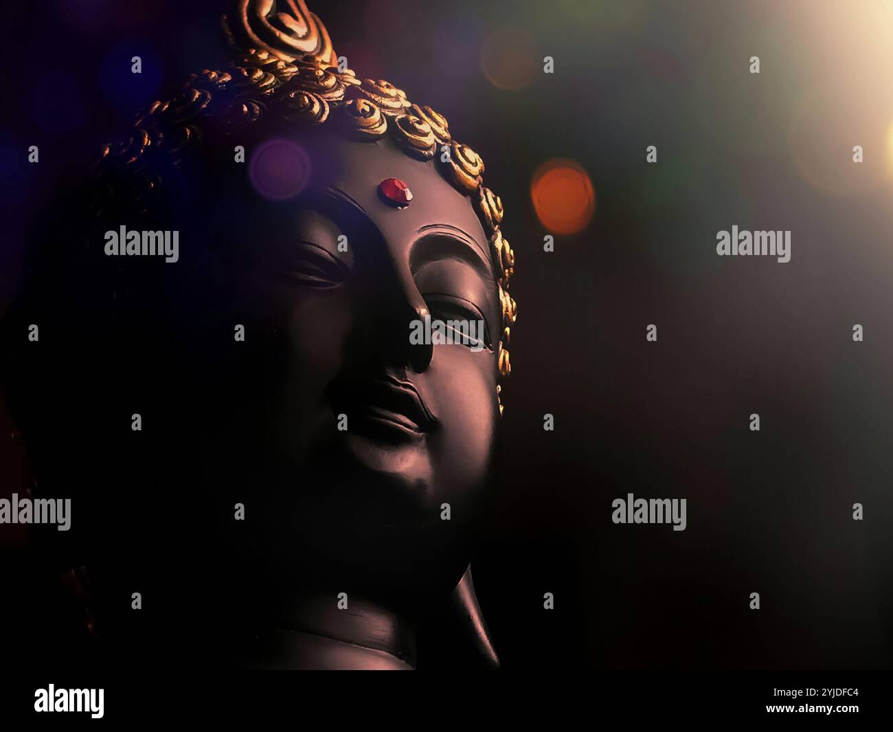 edited image of laughing buddha idol with abstract and glow lights ...