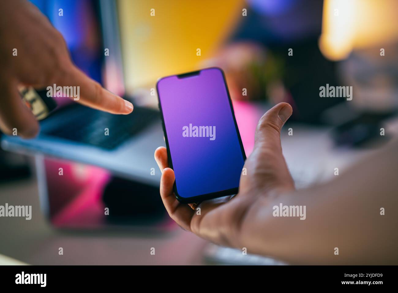 smartphone office studio devices empty screen mockup pastel neon colors ...