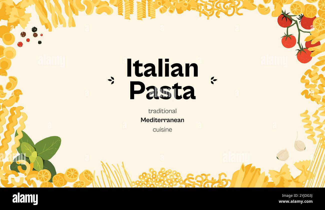 Italian pasta frame banner. Cartoon macaroni different shapes and types ...